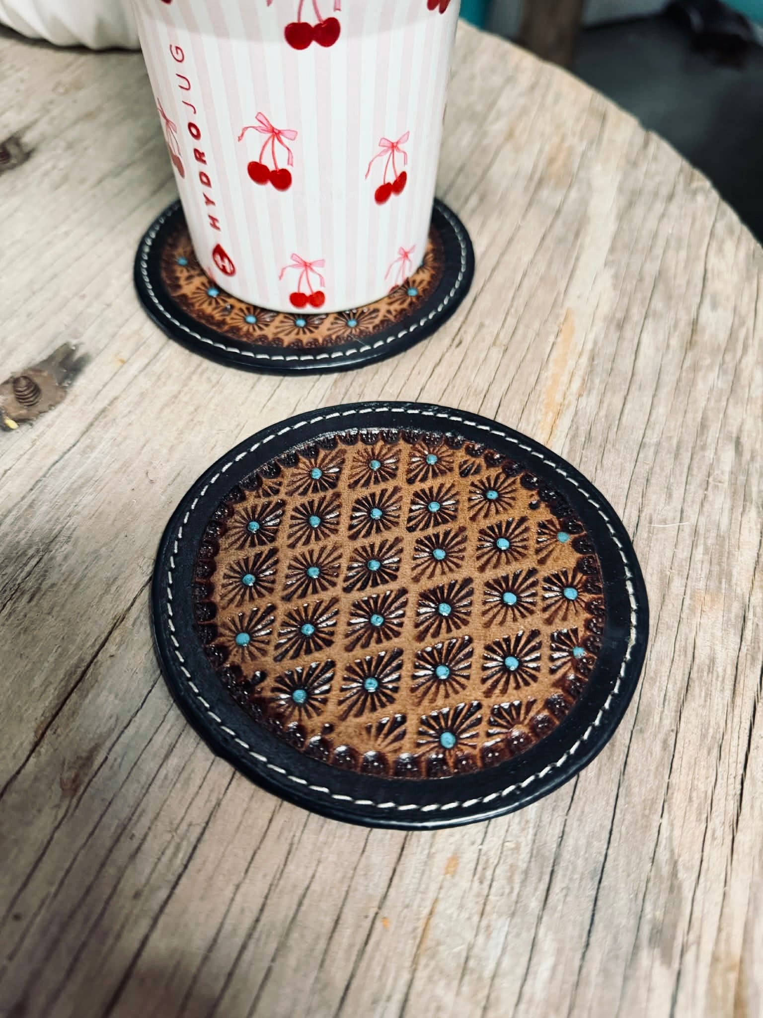 Sunburst Tooled Drink Coasters- 4 Piece – L3 Designs Leather